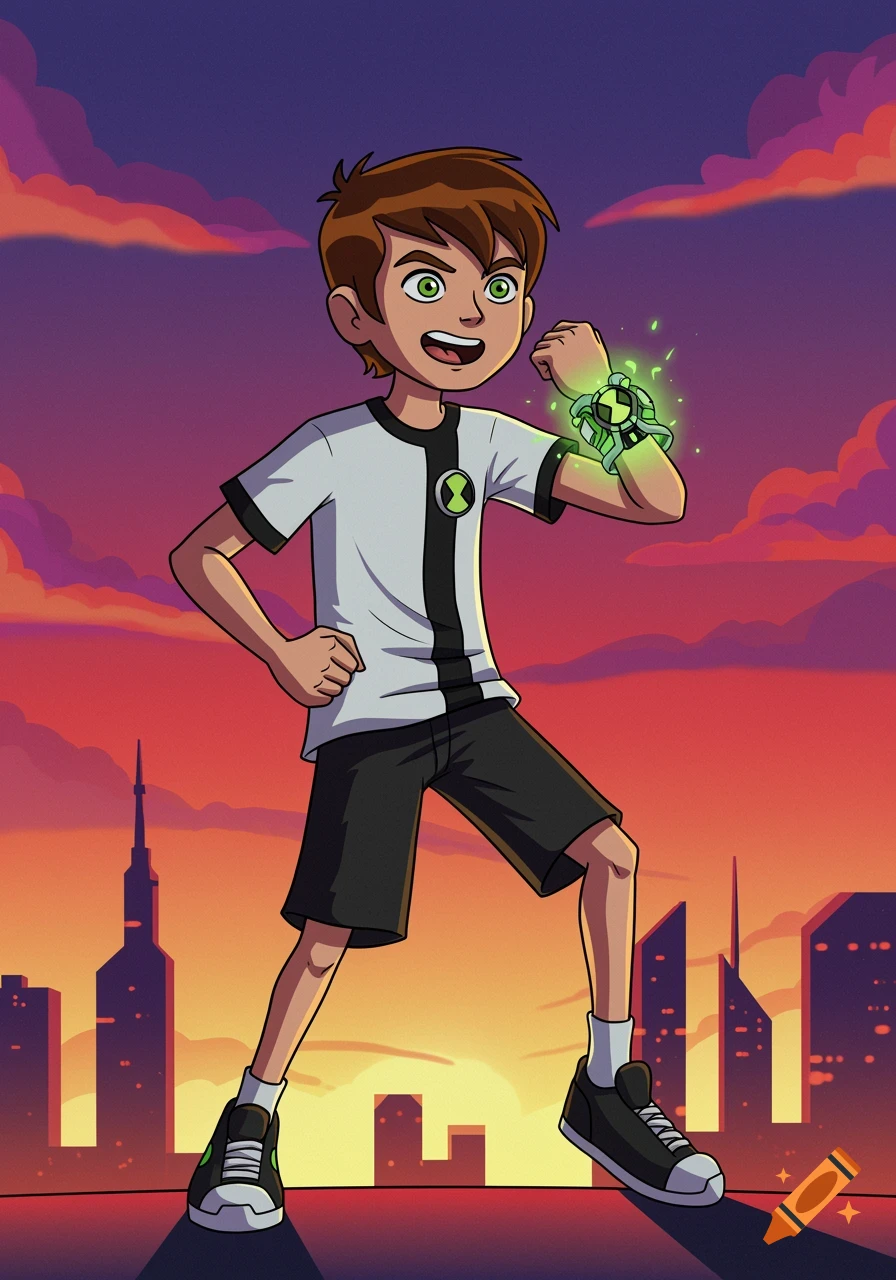 Animated illustration of Ben 10 on a rooftop at sunset, activating his ...