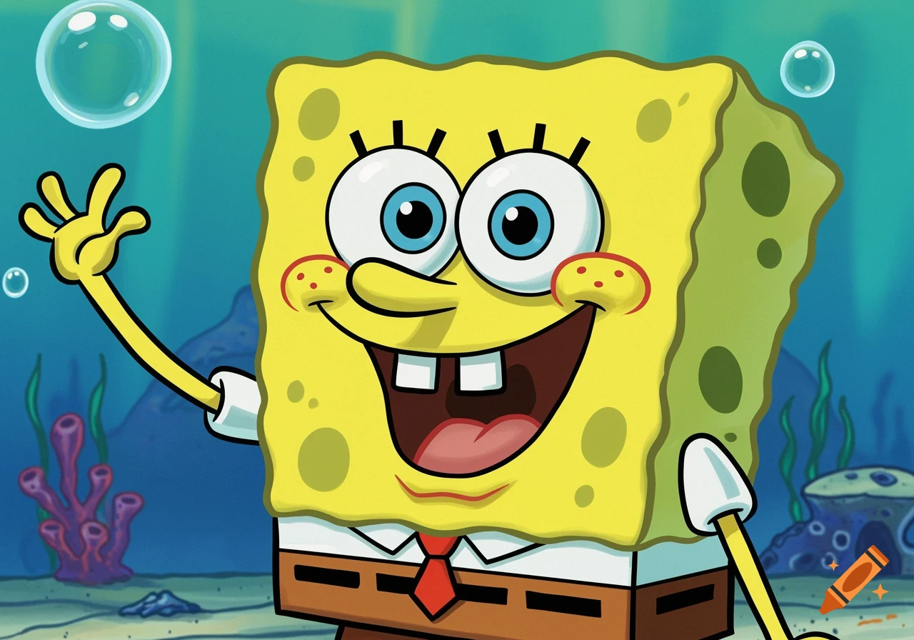 Spongebob Squarepants waves happily underwater on Craiyon