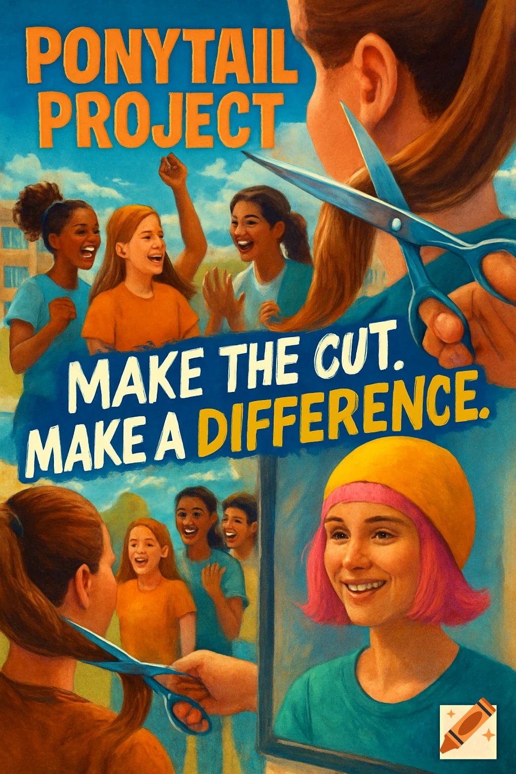 Poster for Ponytail Project campaign with students, scissors cutting ...