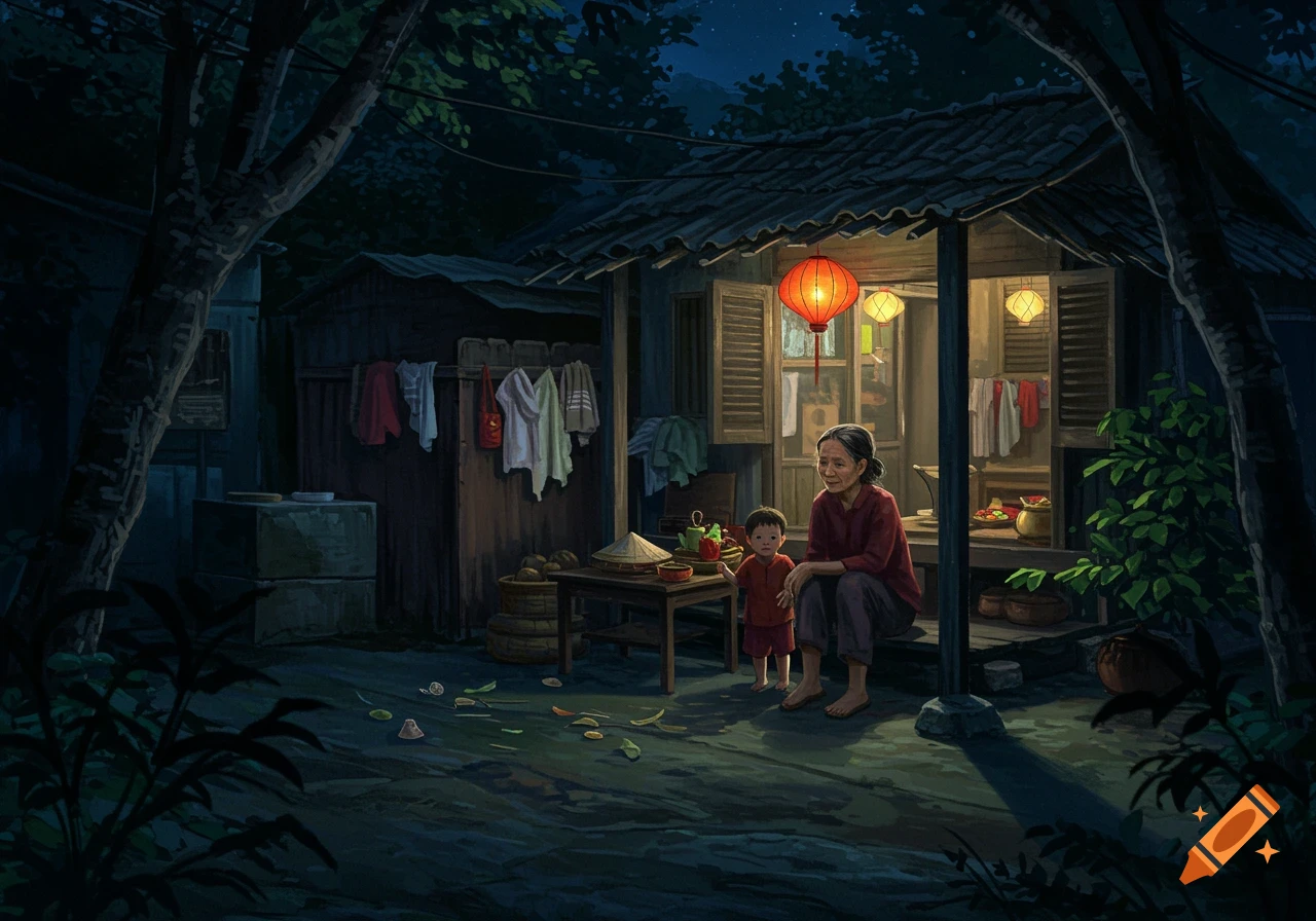 A woman and child sit outside a simple house at night, lit by lanterns ...