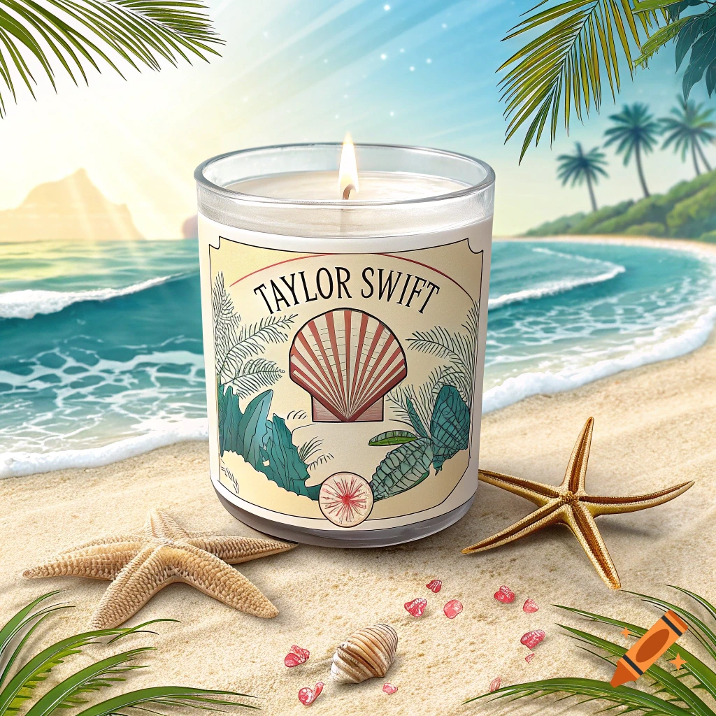 A Taylor Swift candle on a sandy beach with starfish, seashells, and ...