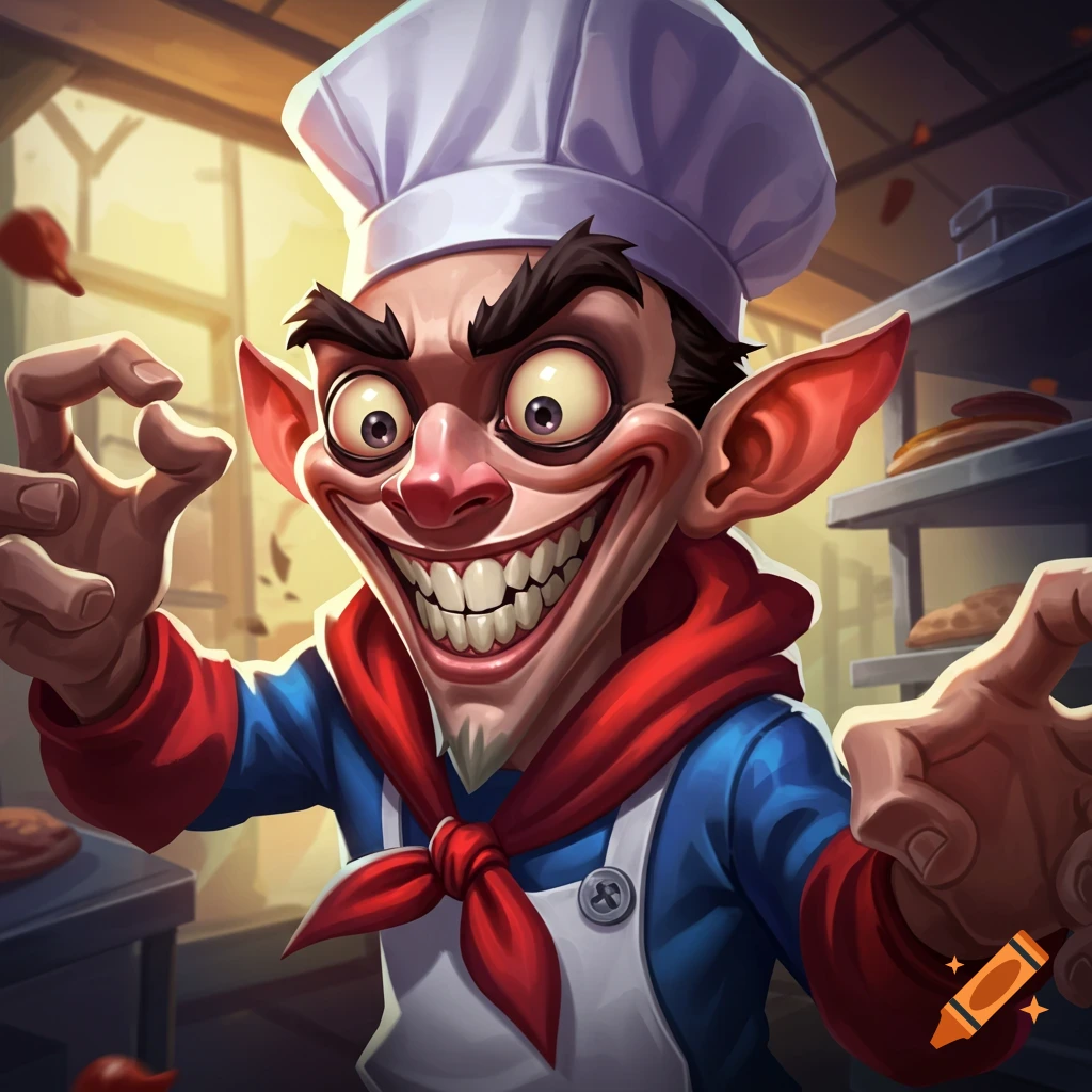A cartoon goblin chef with a wide grin makes a gesture in a kitchen. on ...