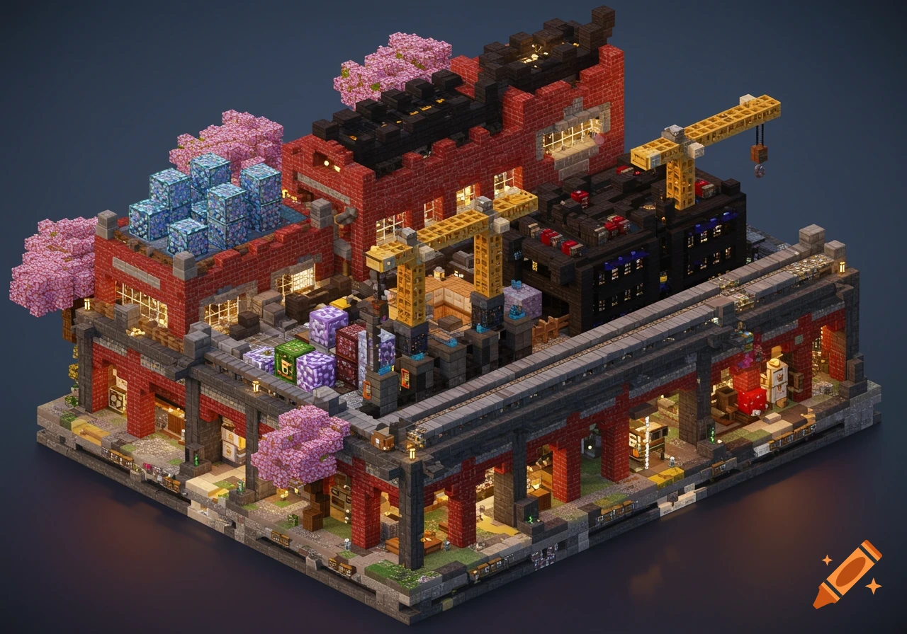 Isometric render of a detailed Minecraft Japanese factory with cherry ...