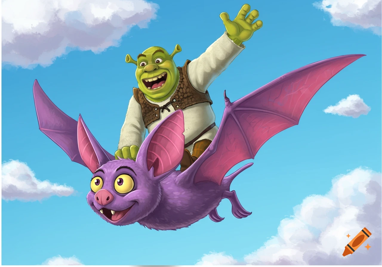 Cartoon illustration of Shrek riding a purple bat in the sky on Craiyon