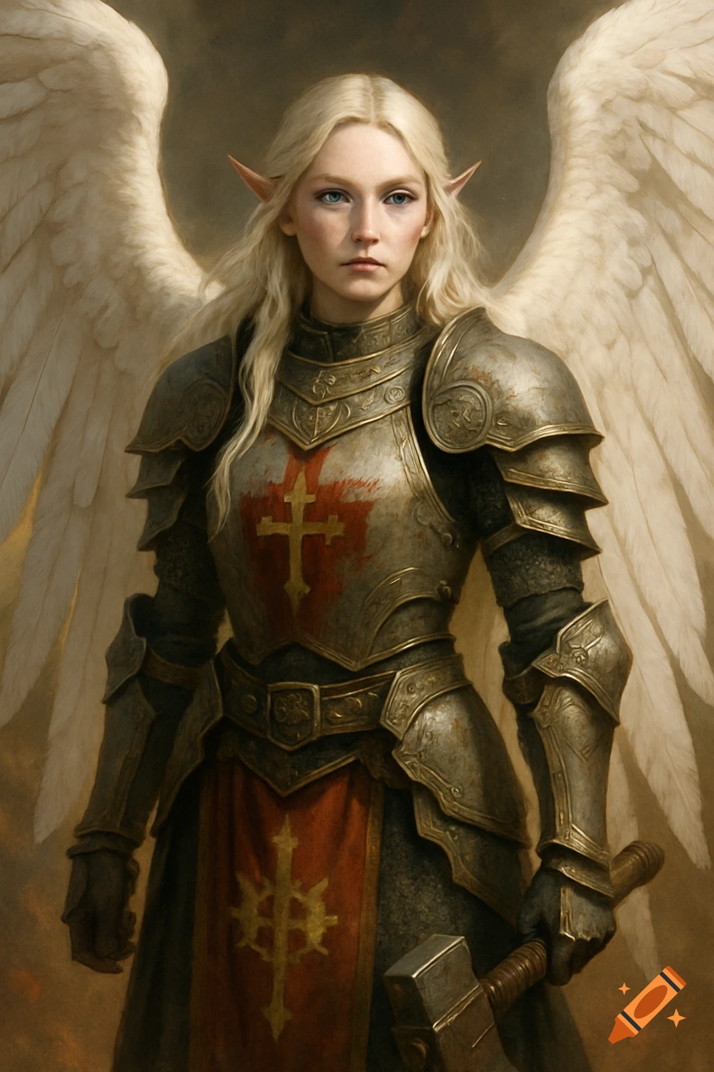 A female avariel elf in ornate fantasy armor, with large white wings ...