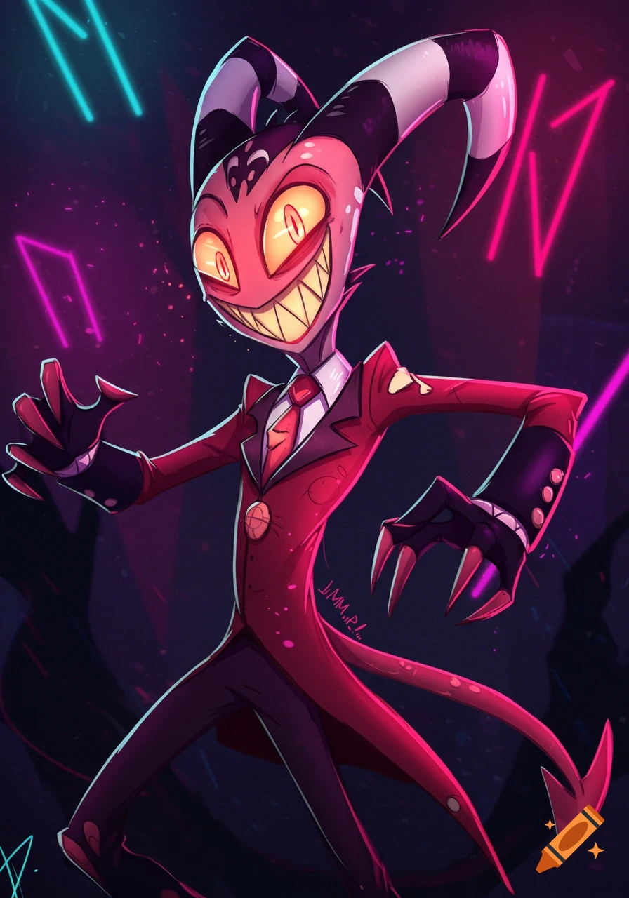 Illustration of Blitzo from Helluva Boss in a red suit, posing with ...
