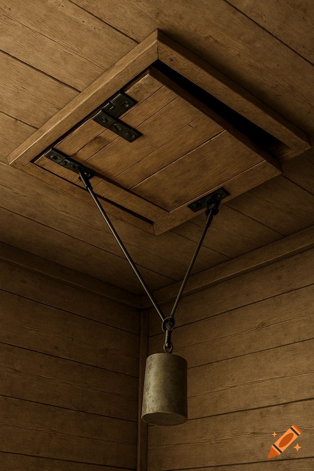 A view from below of a wooden trap door in a ceiling, held open by ...