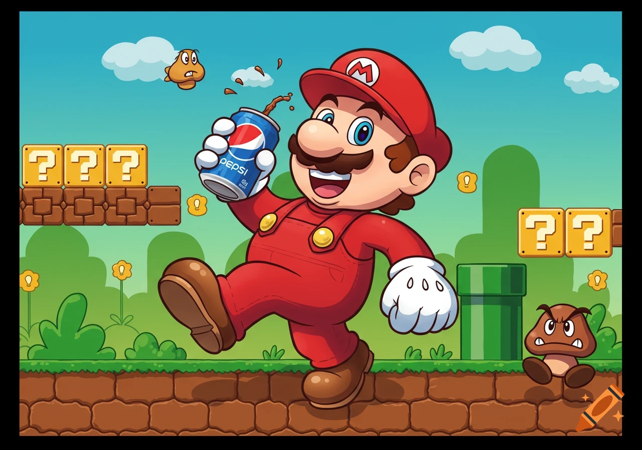 Cartoon illustration of Mario drinking a can of Pepsi in a Super Mario ...