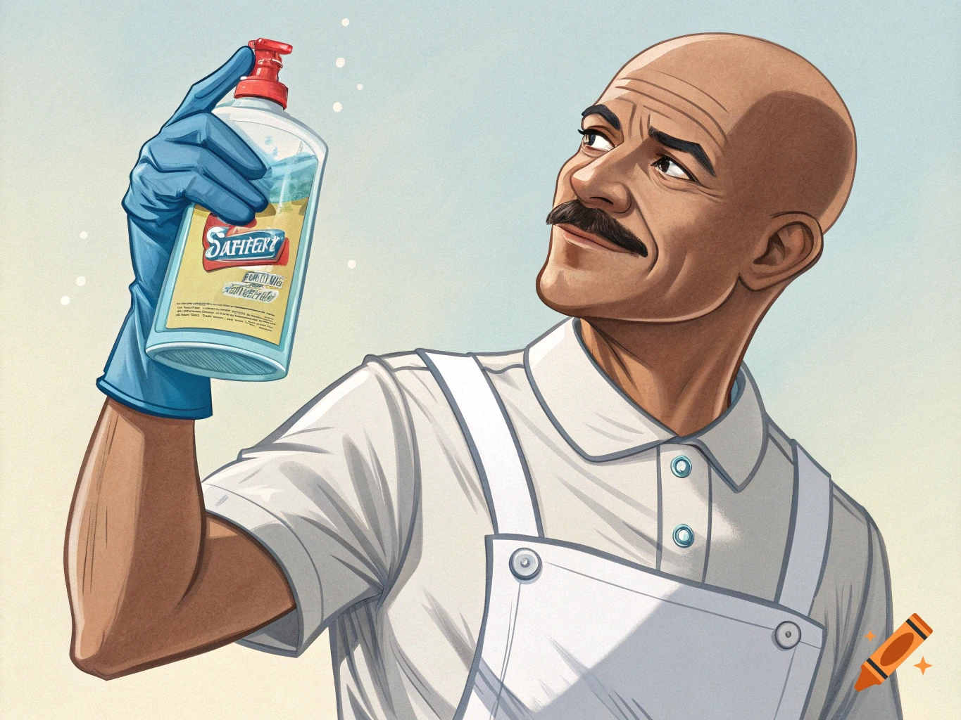 Cartoon illustration of a muscular, bald man with a mustache, wearing ...