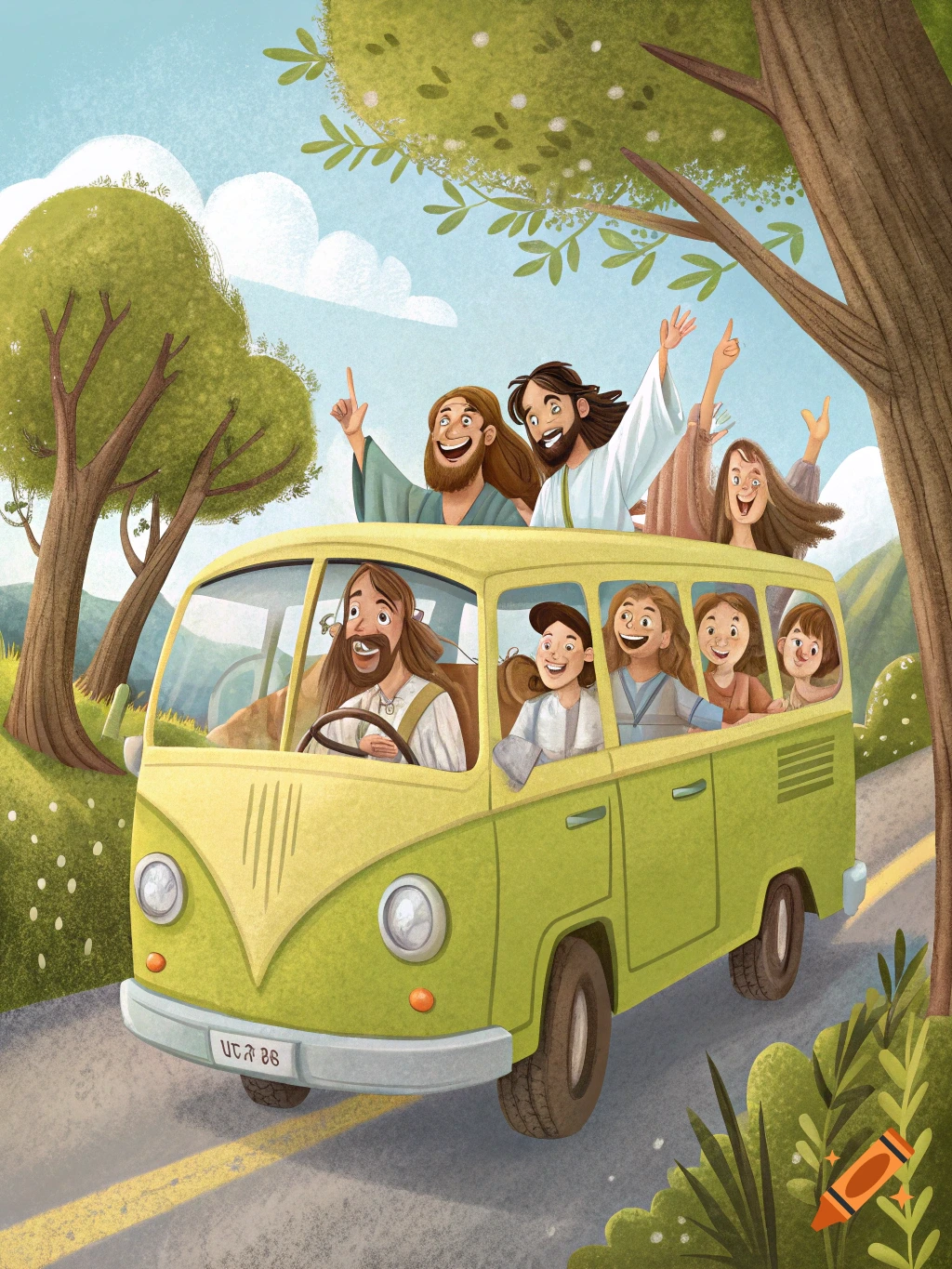 Illustration of Jesus and disciples riding in a yellow microbus down a ...