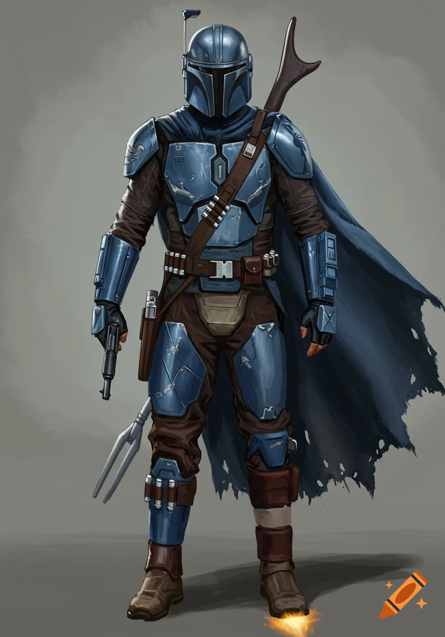 Full body illustration of a character in blue Mandalorian armor holding ...
