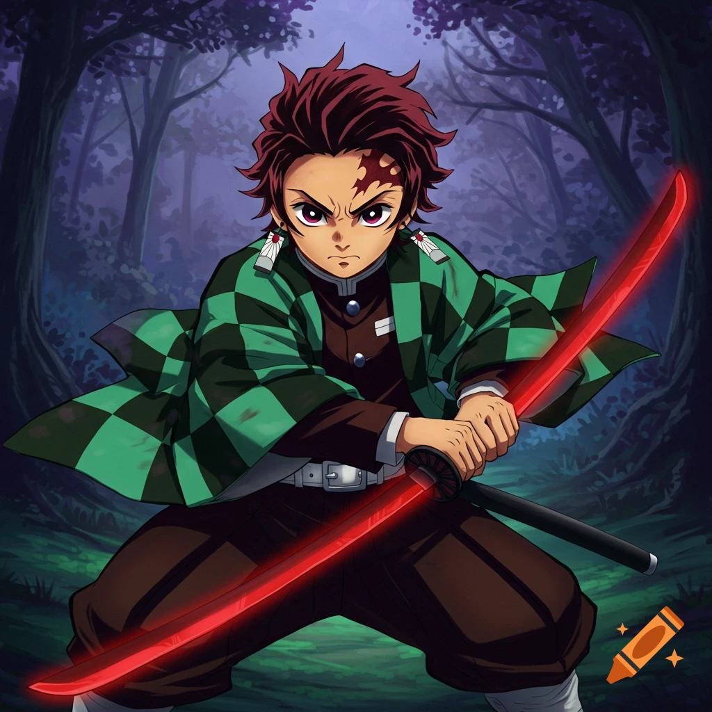 Stylized illustration of Tanjiro from Demon Slayer in a forest, holding ...