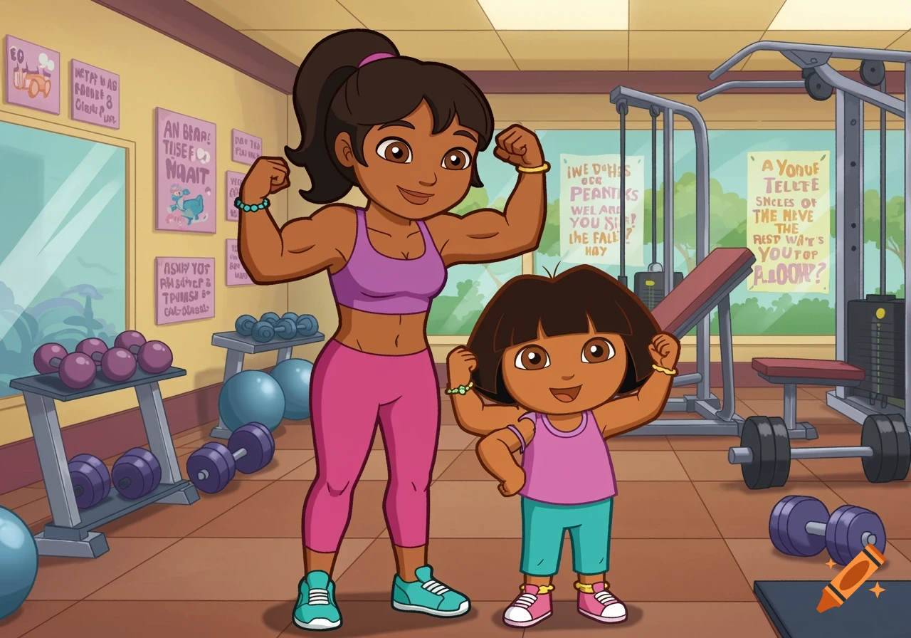 Cartoon of Dora the Explorer and her mother flexing muscles in a gym ...