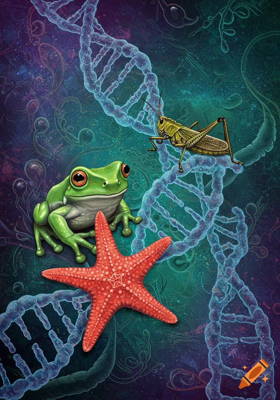 An illustration of a frog, grasshopper, and starfish alongside DNA ...