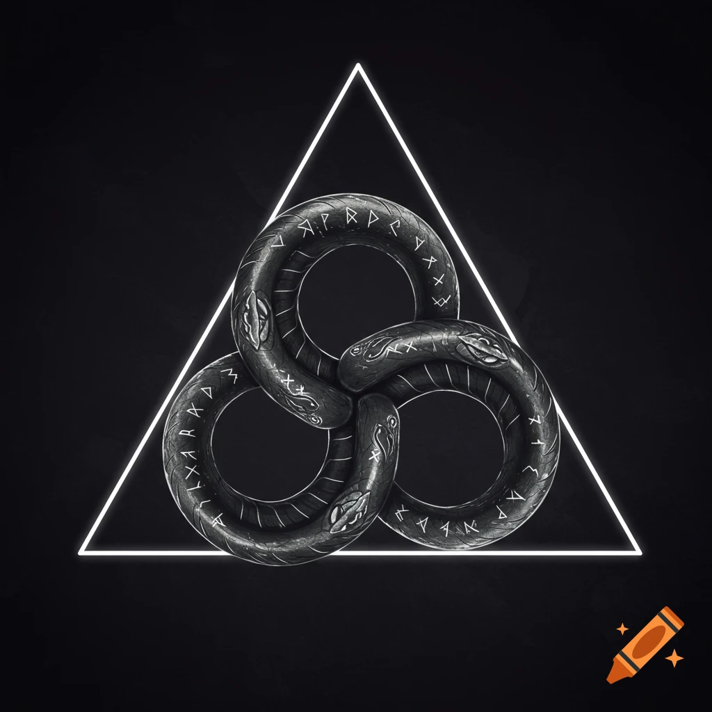 A black and white mystical symbol featuring three serpents forming a ...