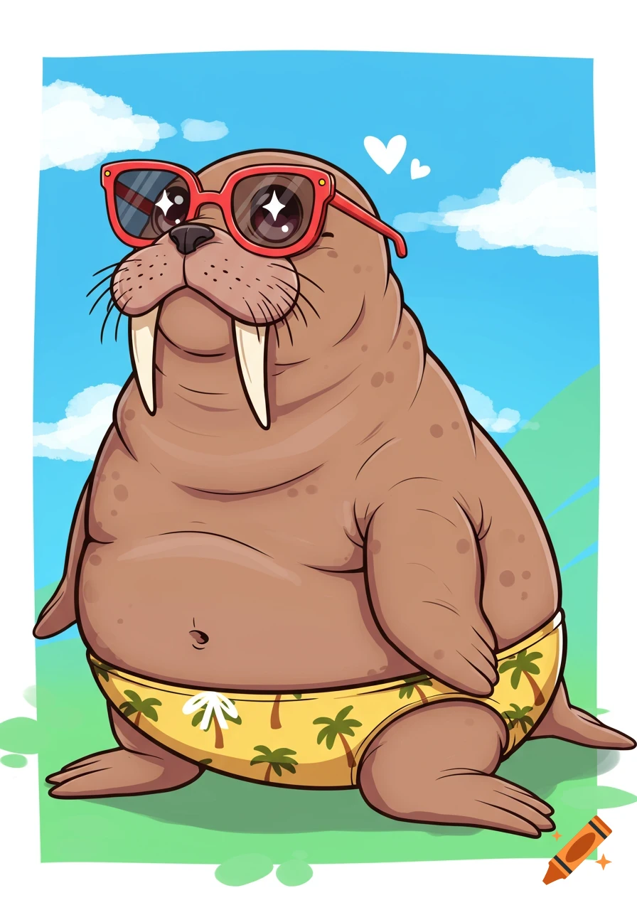 A cartoon walrus wearing sunglasses and swimming trunks on Craiyon