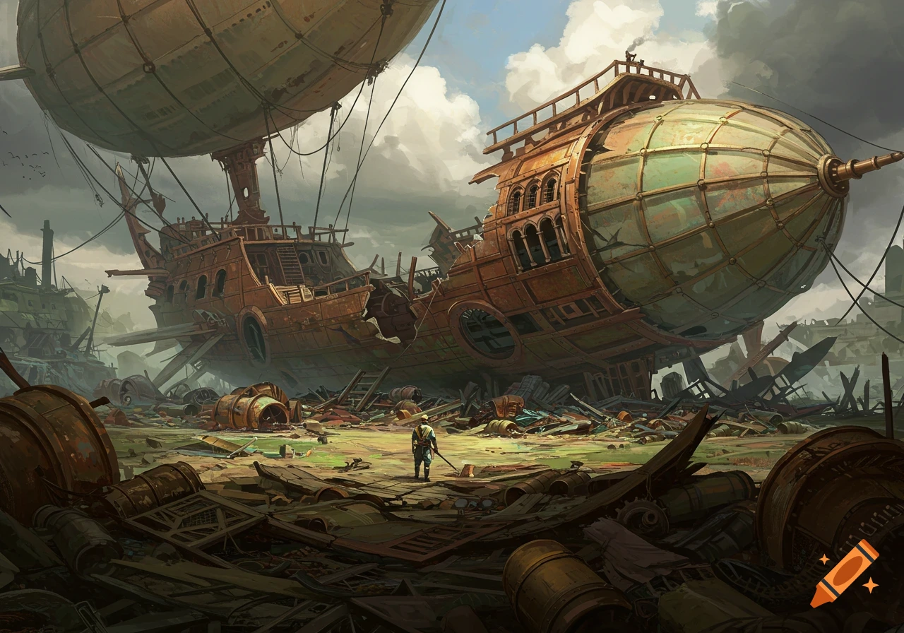 A damaged steampunk airship lies crashed in a scrapyard, with a lone ...