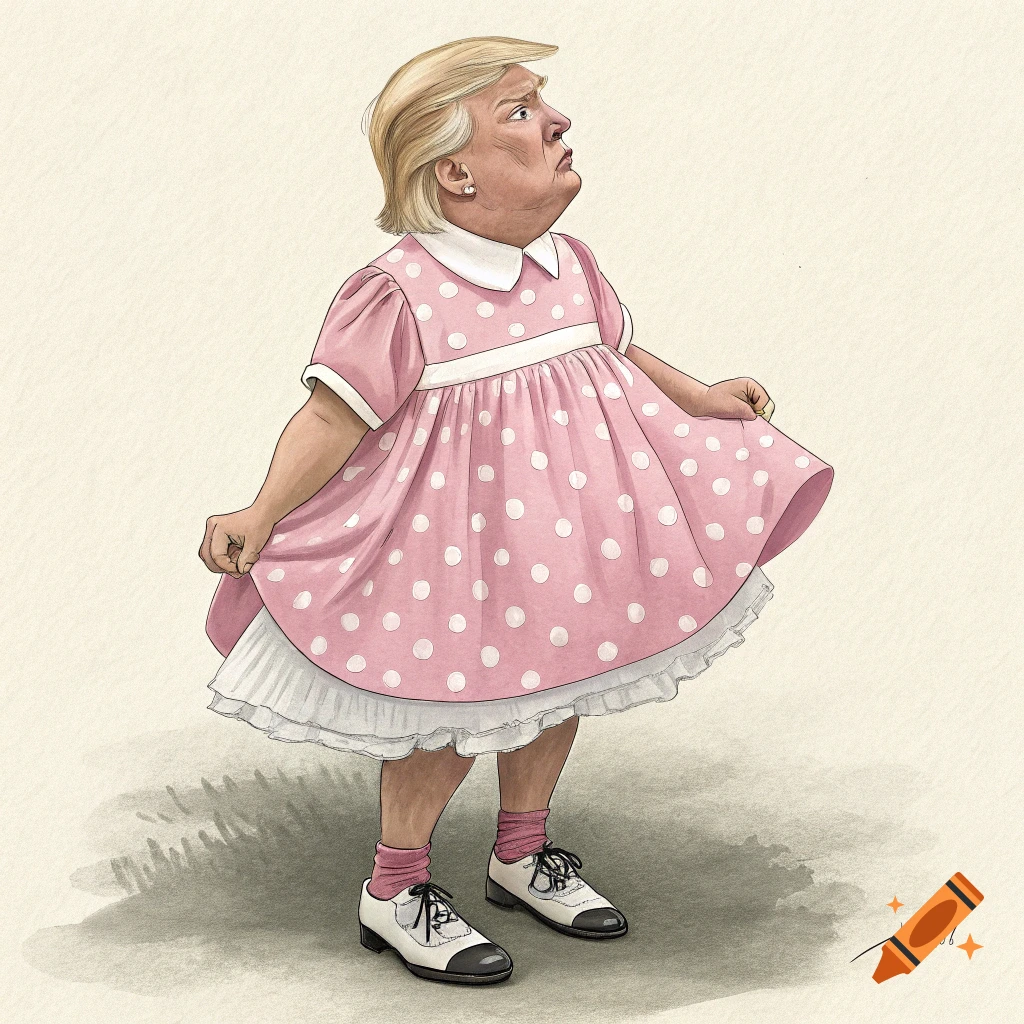 Illustration of Donald Trump in a pink polka dot dress and spectator ...