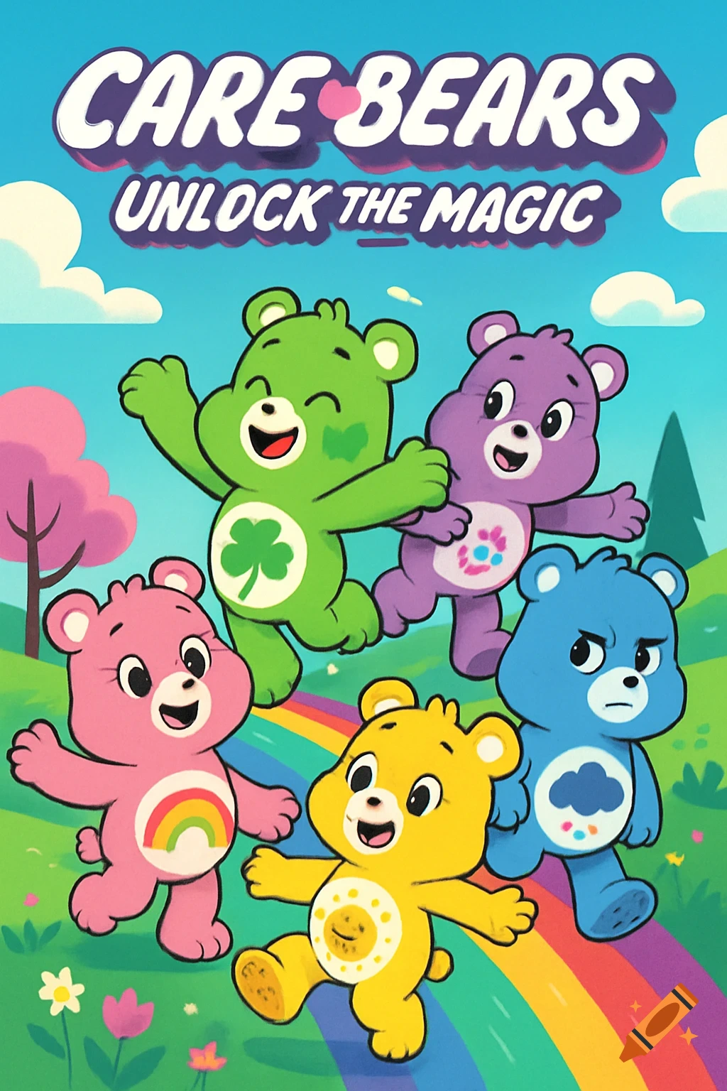 Five colorful cartoon Care Bears stand on a rainbow in a field under text "CARE BEARS UNLOCK THE ...