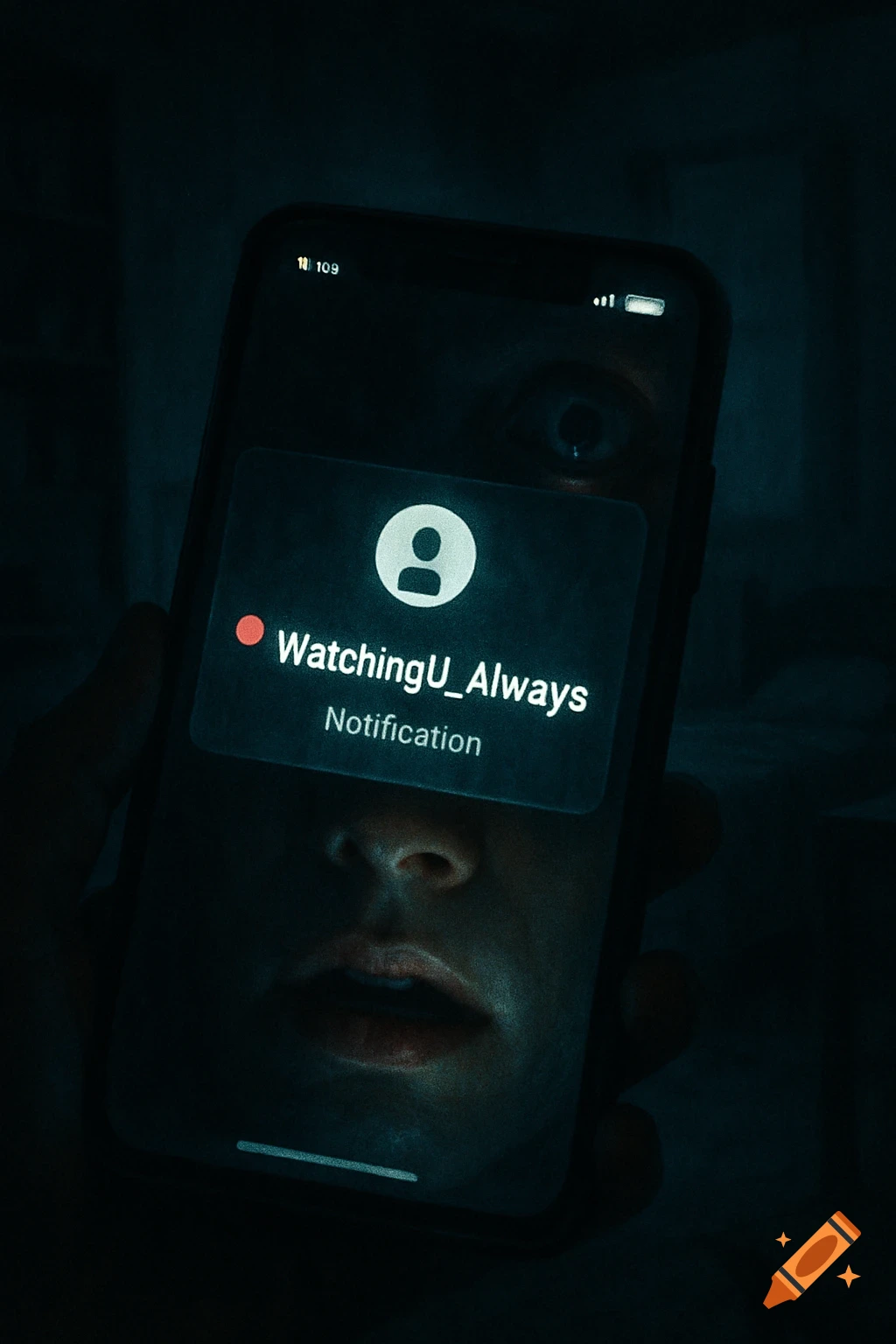 Close-up of a face reflected in a dark smartphone screen showing a ...