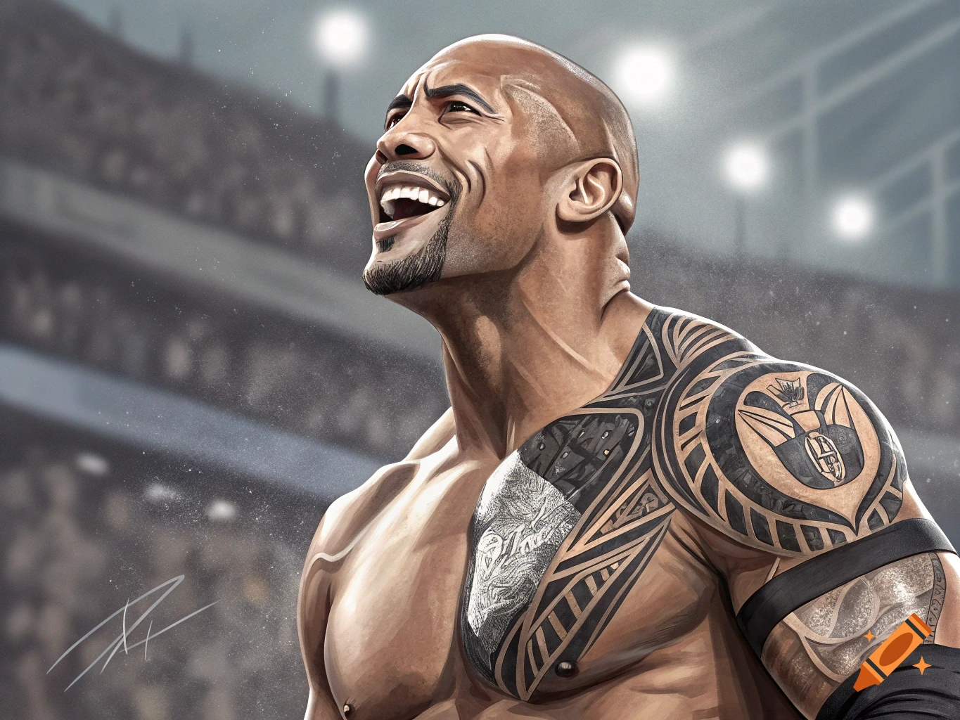 A stylized illustration of Dwayne "The Rock" Johnson smiling and ...
