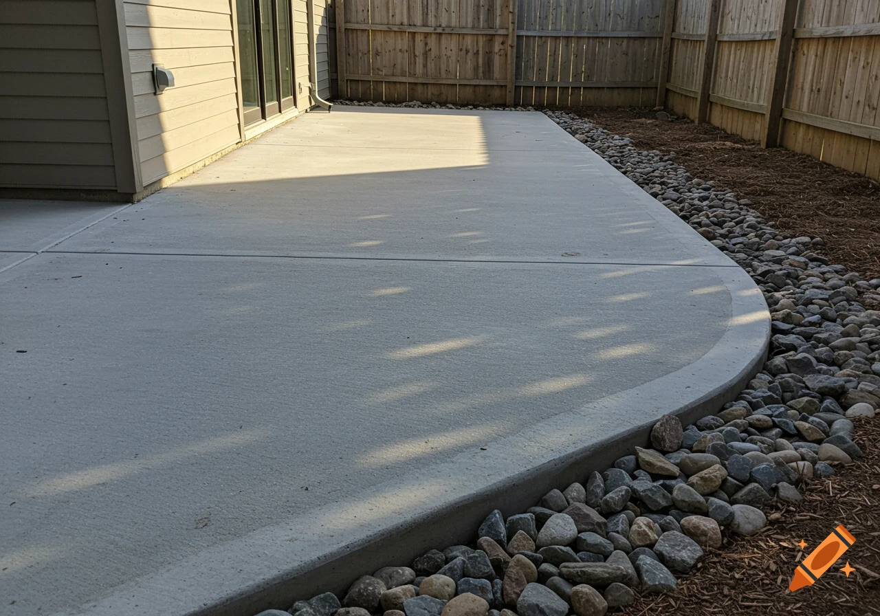 Concrete patio with river rock border next to a house and wooden fence ...