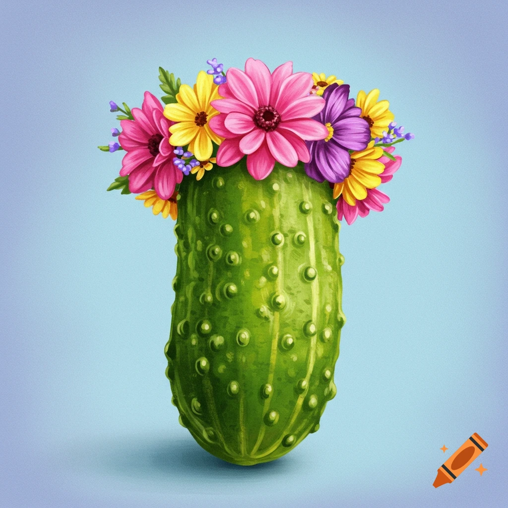 An illustrated green pickle wearing a crown of pink, yellow, and purple ...