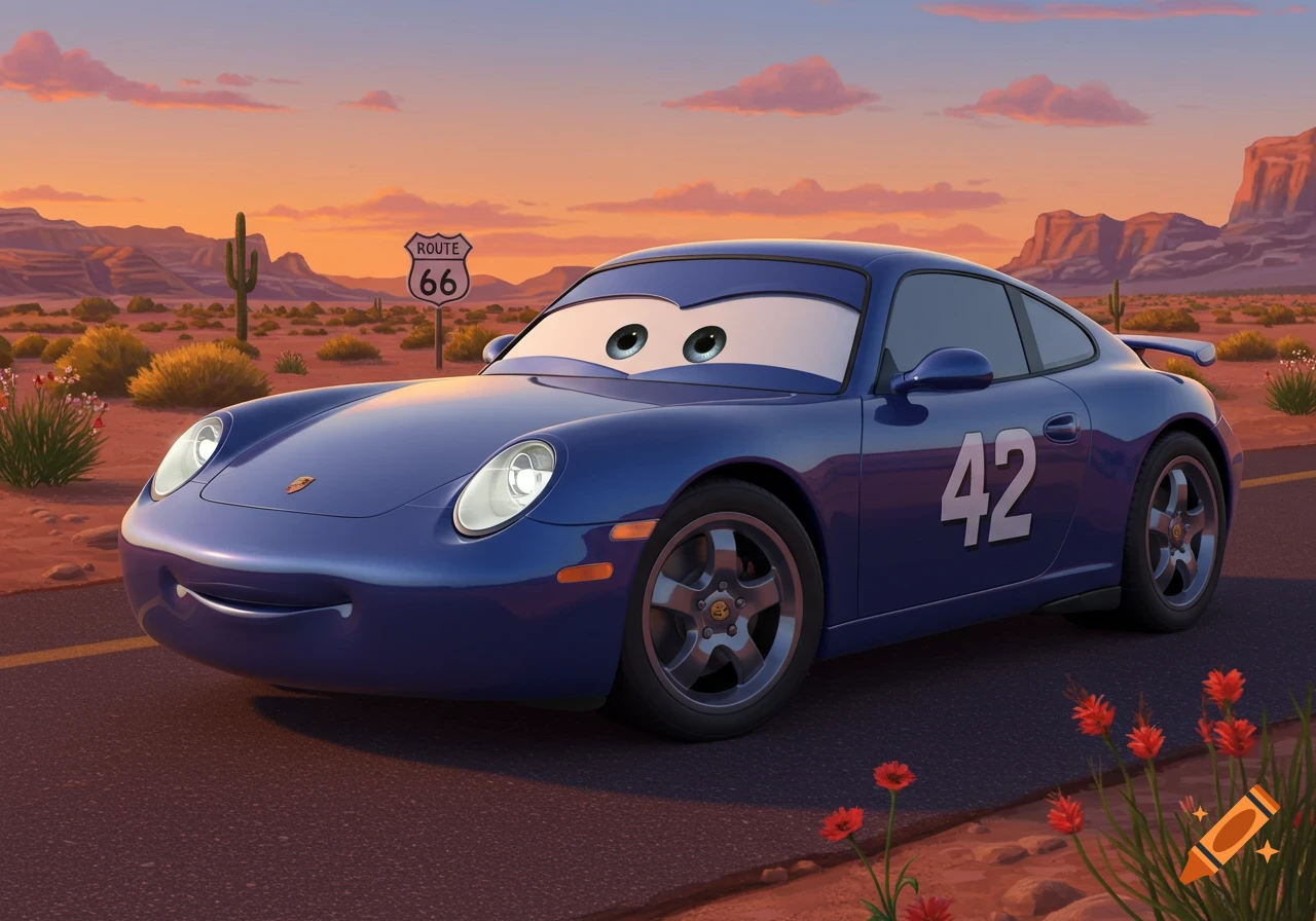 Animated blue car character from the movie Cars in a desert landscape ...
