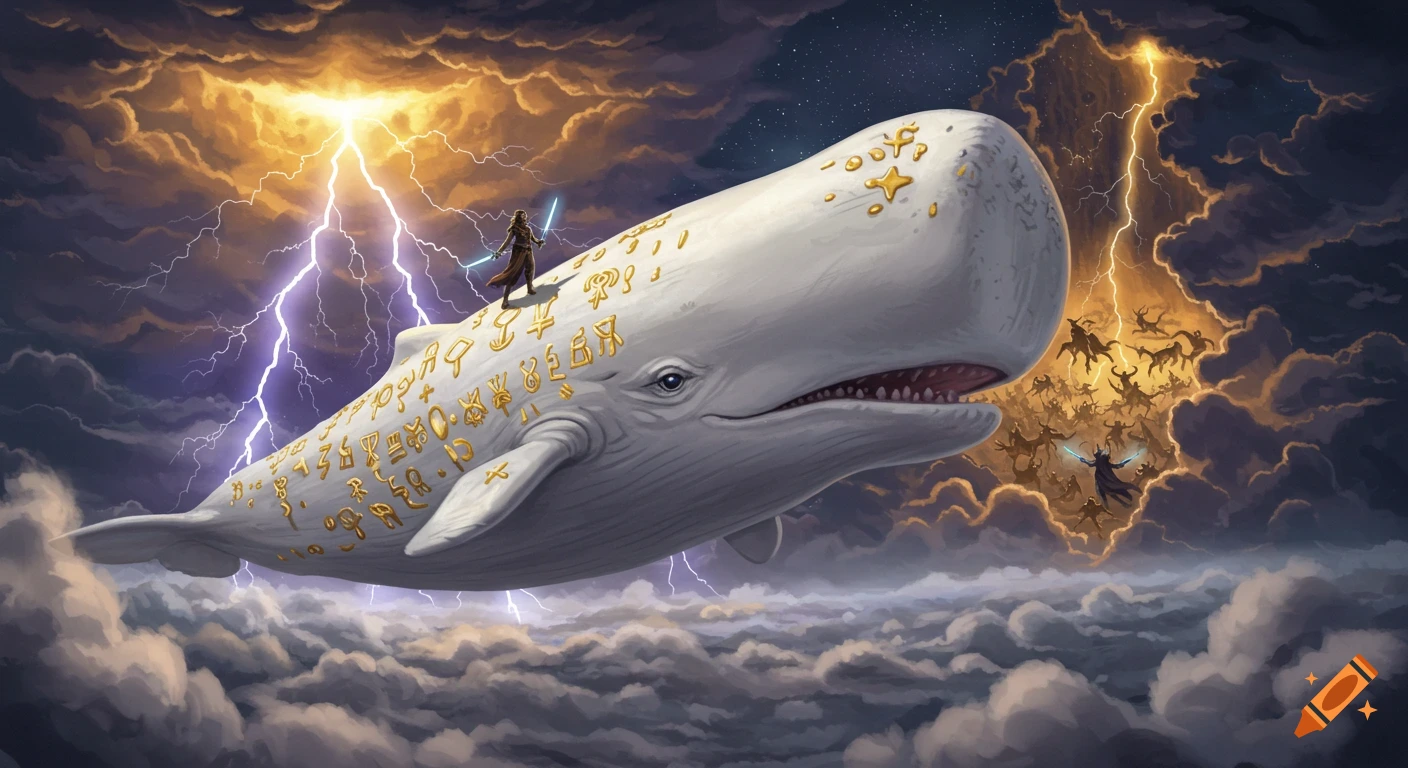 A person with glowing swords rides a giant white whale covered in ...