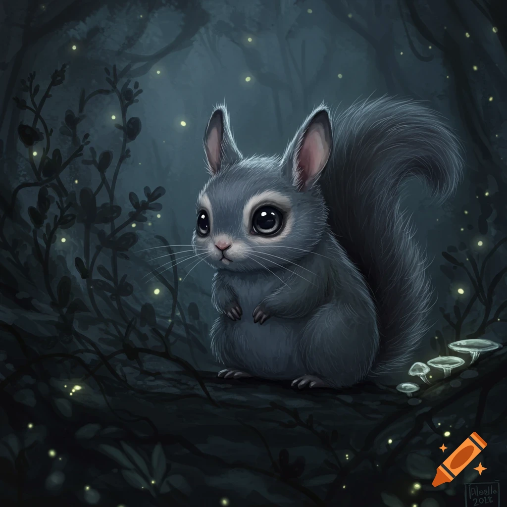 A cute grey squirrel-like creature sits in a dark forest with glowing fireflies. on Craiyon
