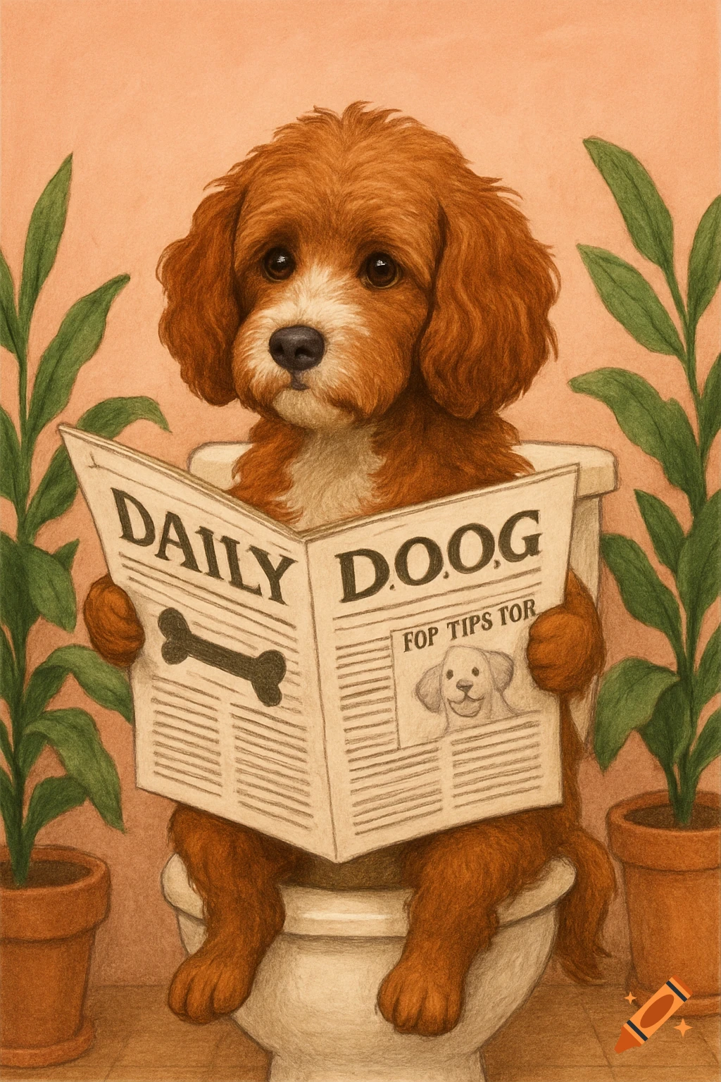 Cute cockapoo reading a newspaper on a toilet, illustration style. on ...