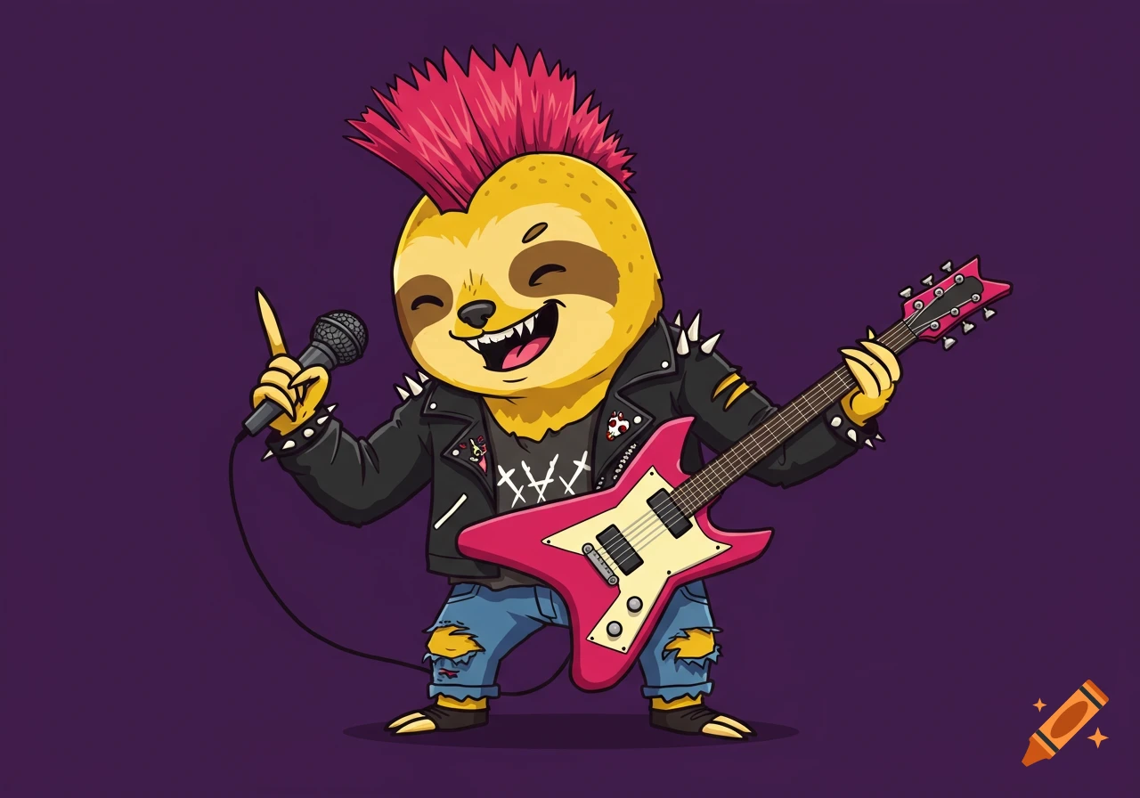 Cartoon drawing of a punk rock sloth playing a guitar and singing on ...