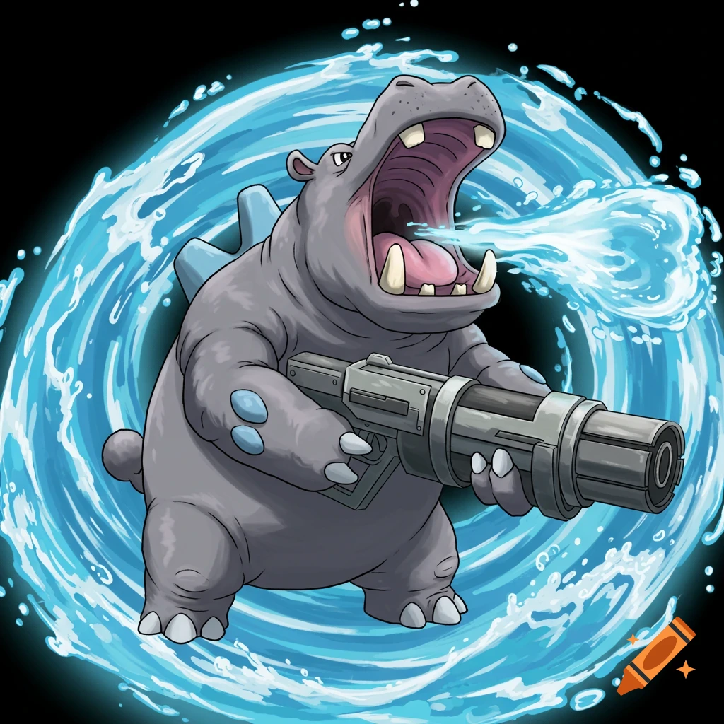 A cartoon hippo creature holding a large gun and shooting water ...