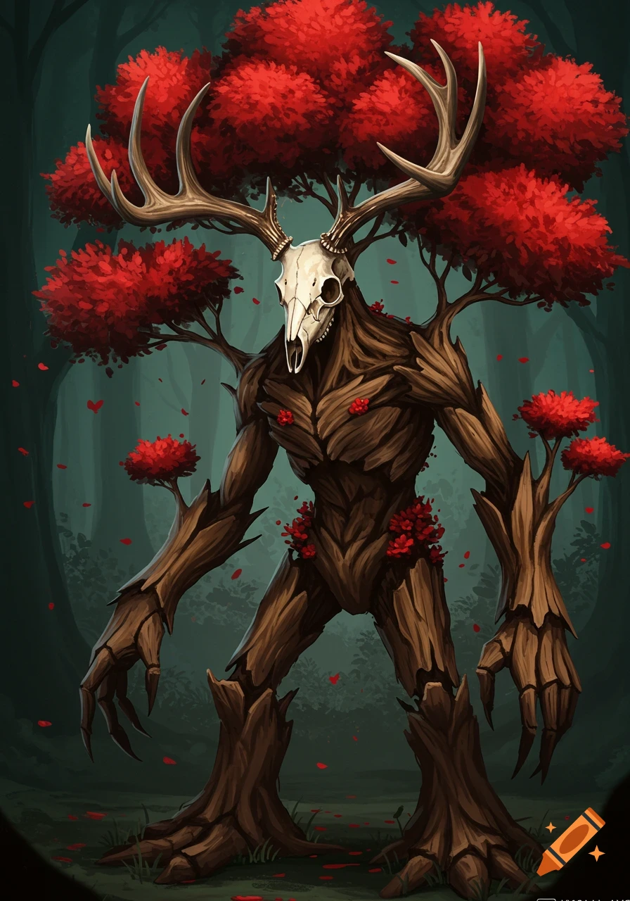 Digital illustration of a tree monster with a deer skull head and ...