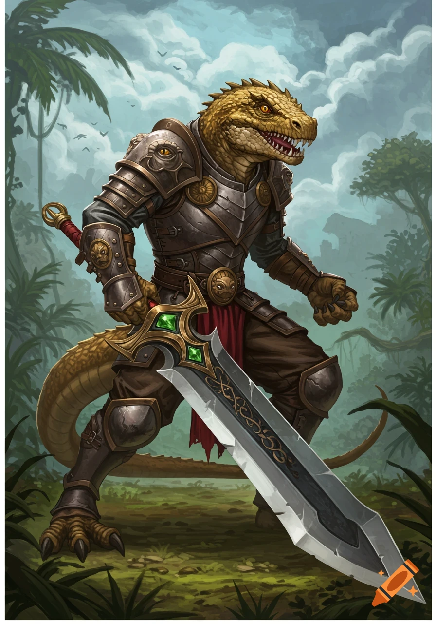 Lizard-folk warrior in armor holding a large sword in a jungle. on Craiyon
