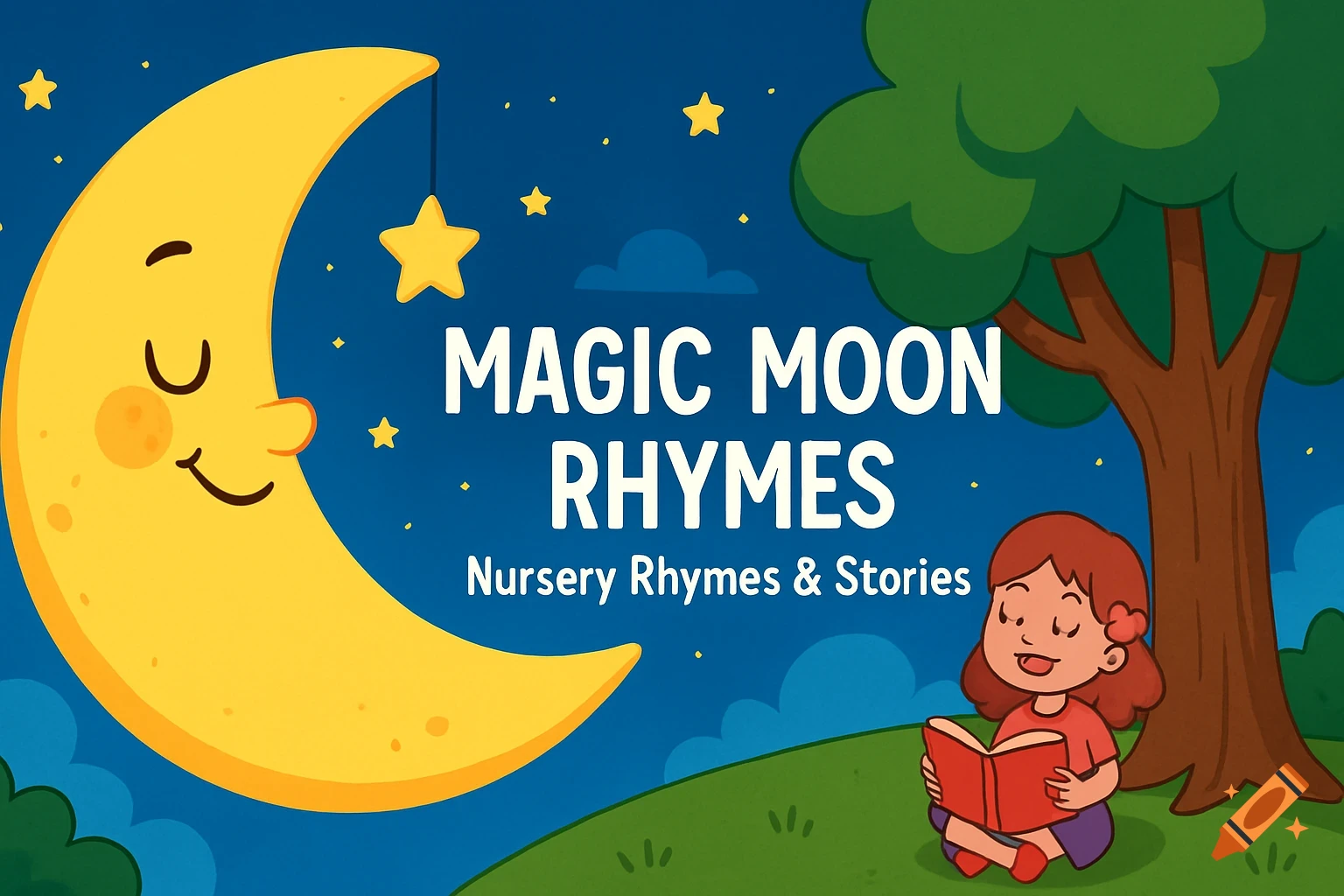 Cartoon illustration of a smiling moon, stars, and a girl reading under ...