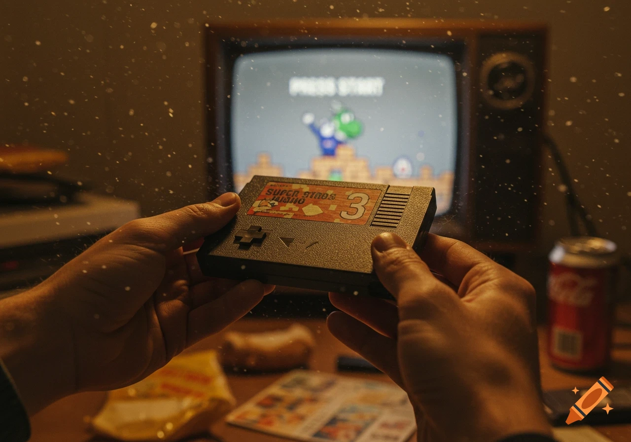 Close-up of hands holding an NES Super Mario Bros. 3 style cartridge in ...