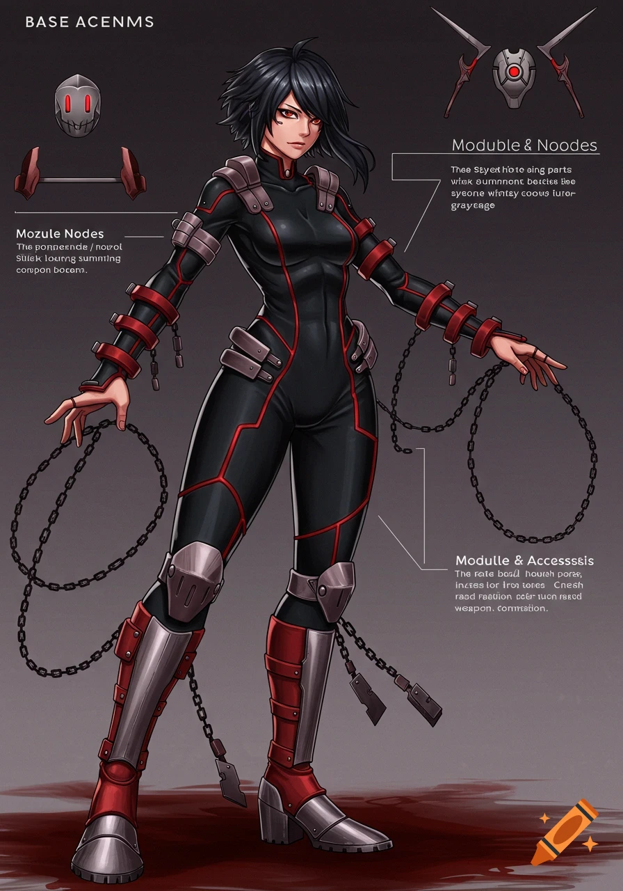 Anime character in black and red suit with chains standing in blood ...