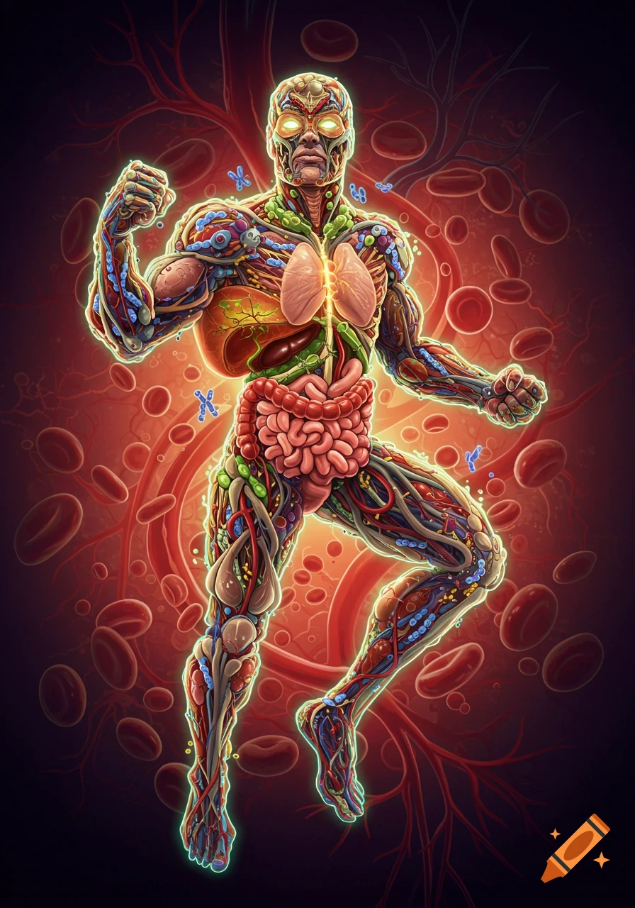Stylized anatomical human figure showing internal organs and blood ...