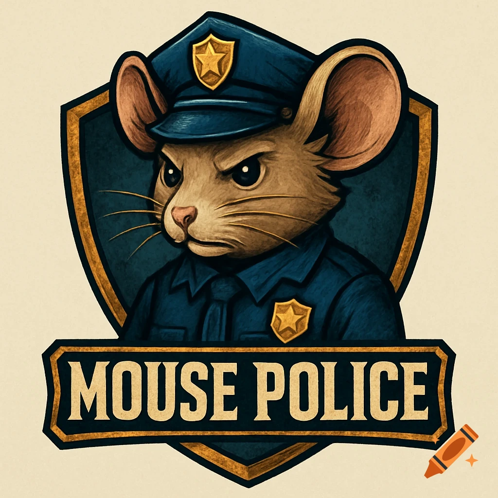 Cartoon mouse in police uniform logo badge with MOUSE POLICE text. on ...
