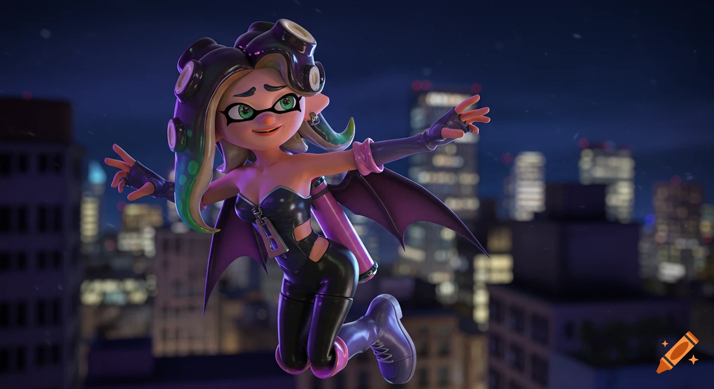 Marina from Splatoon in Rouge the Bat's costume flying over a city at ...