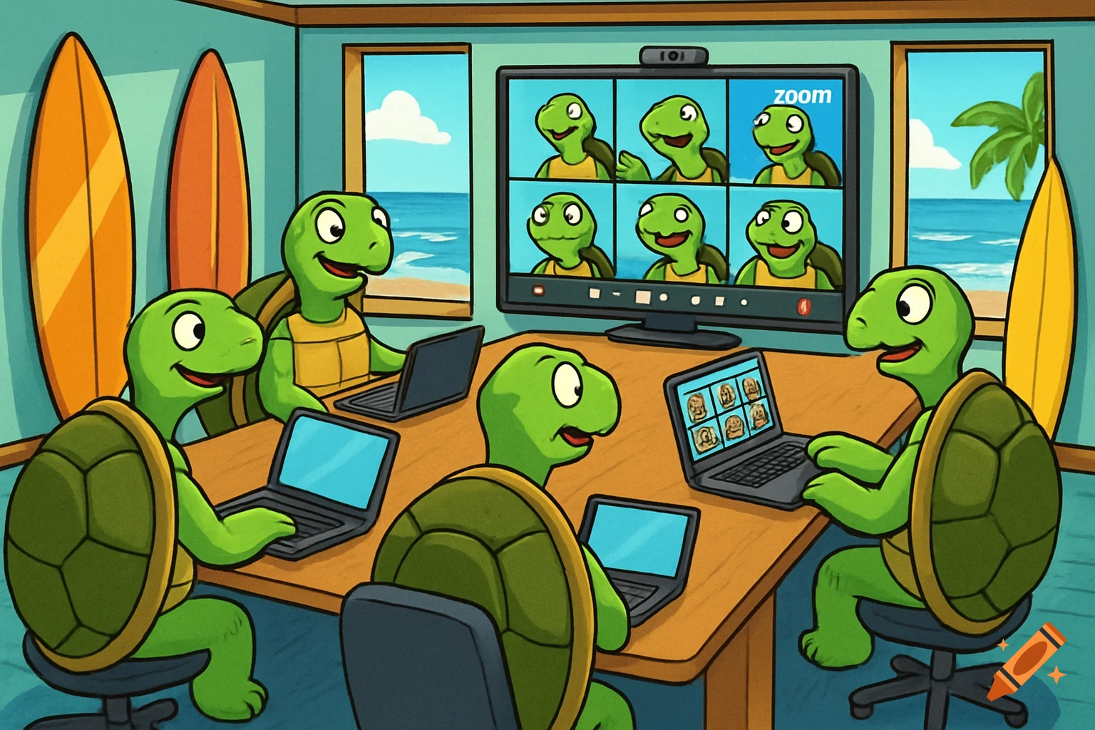 Cartoon turtles have a Zoom video call meeting in a beach-themed room with surfboards. on Craiyon