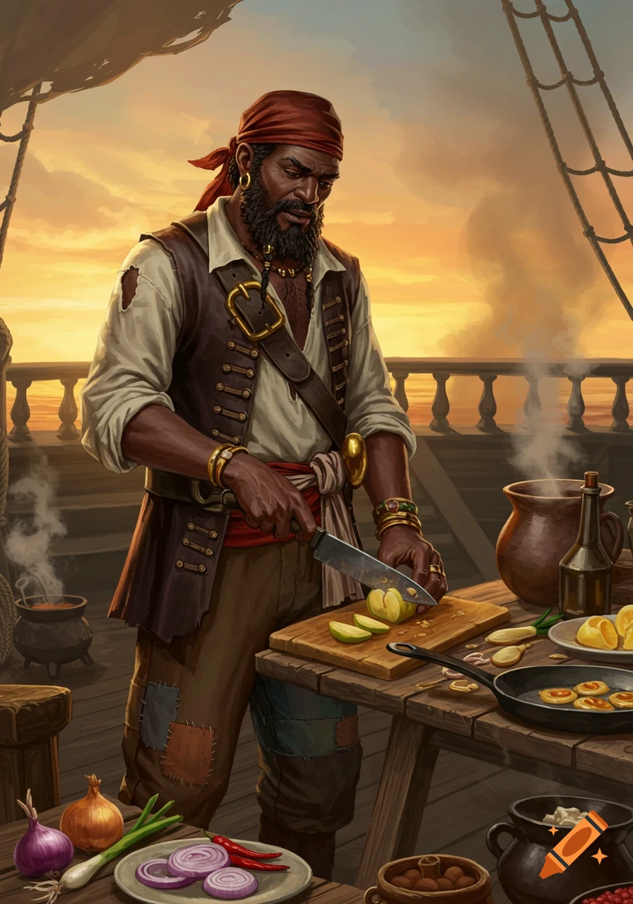 A pirate cooking a meal on the deck of a ship at sunset in a fantasy ...