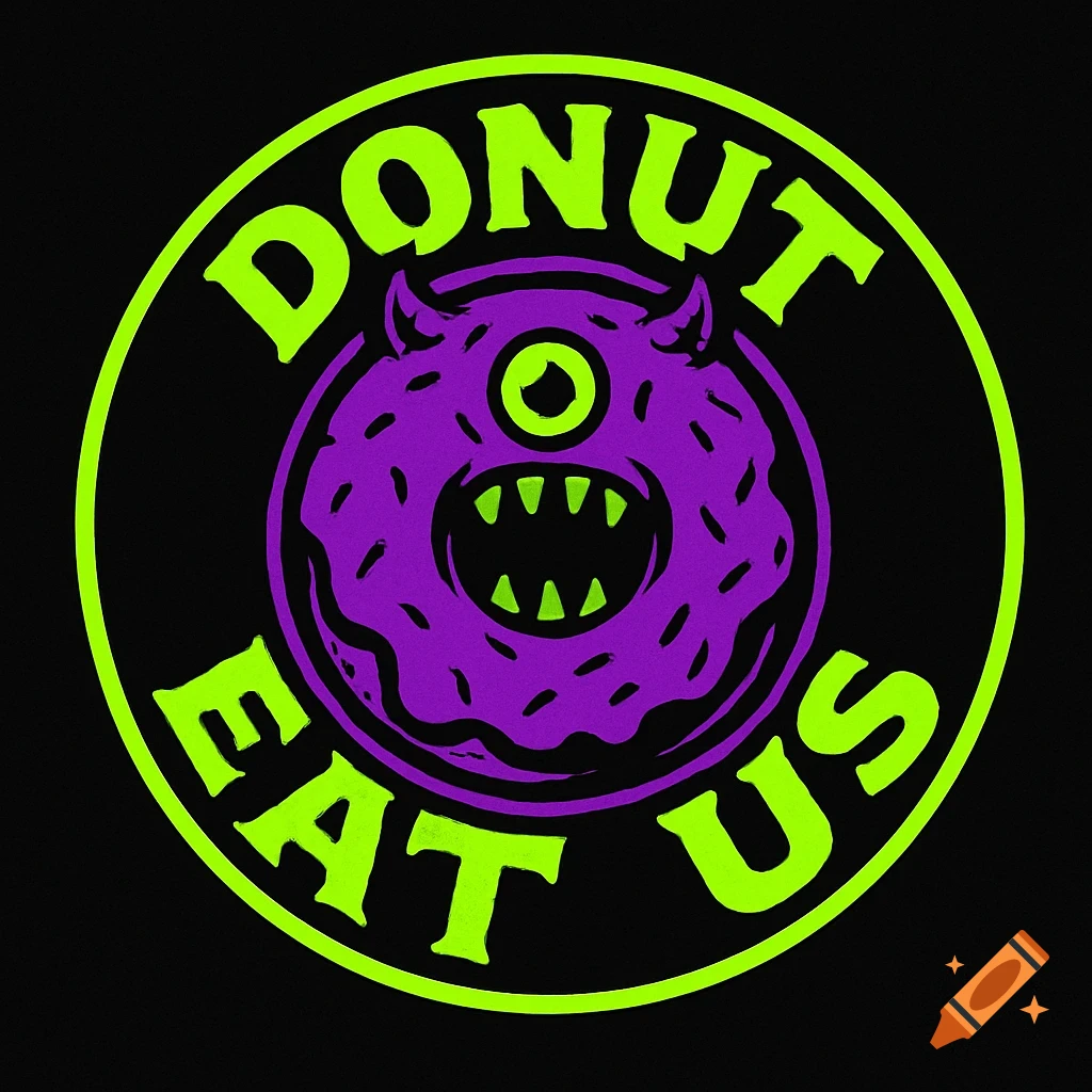A circular logo featuring a purple monster donut and the text DONUT EAT ...