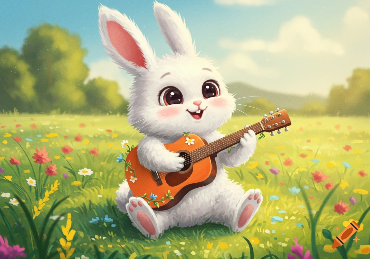A cute cartoon bunny plays a guitar in a field of flowers. on Craiyon