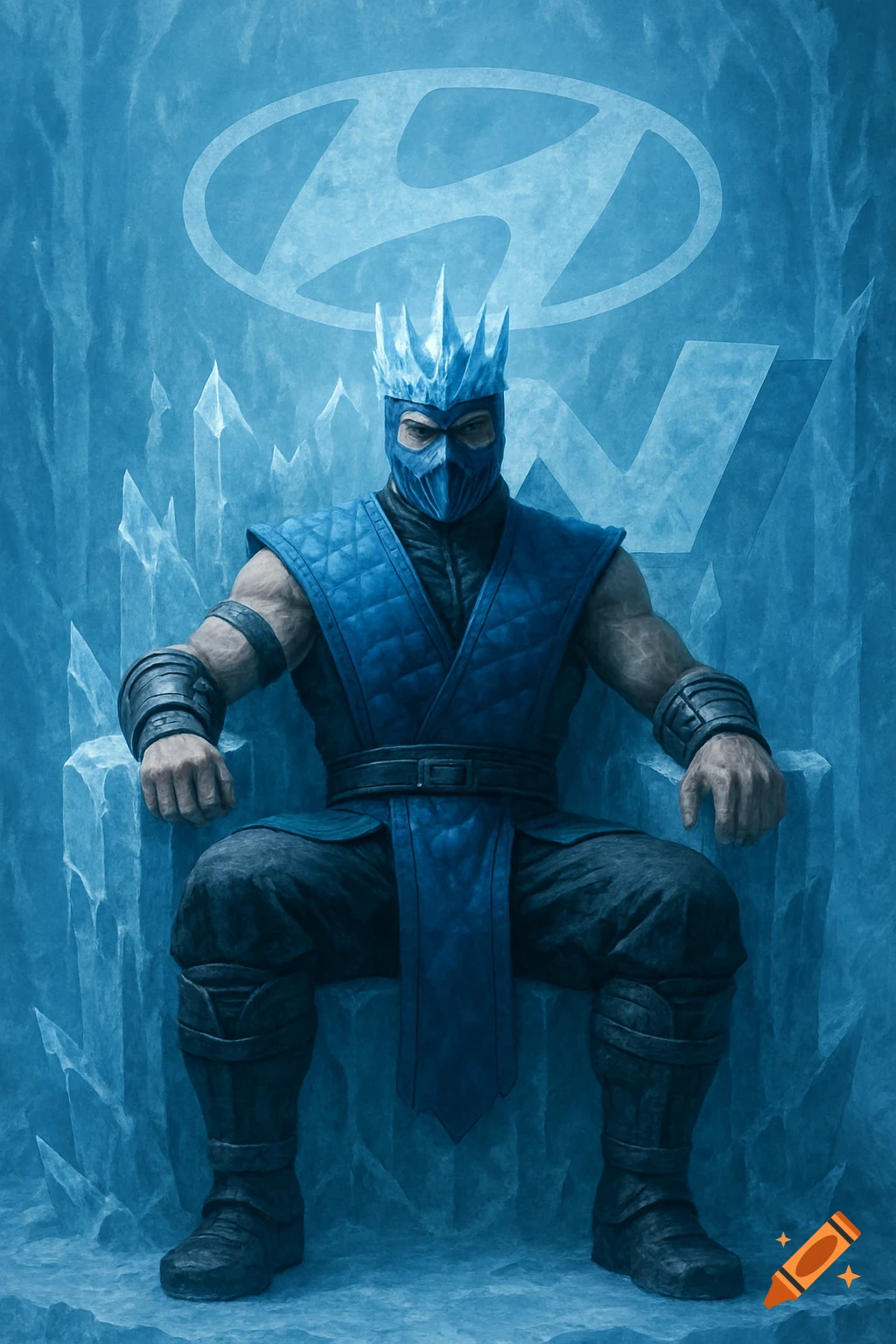 Sub-Zero sits on an ice throne, wearing an ice crown, with a faded ...