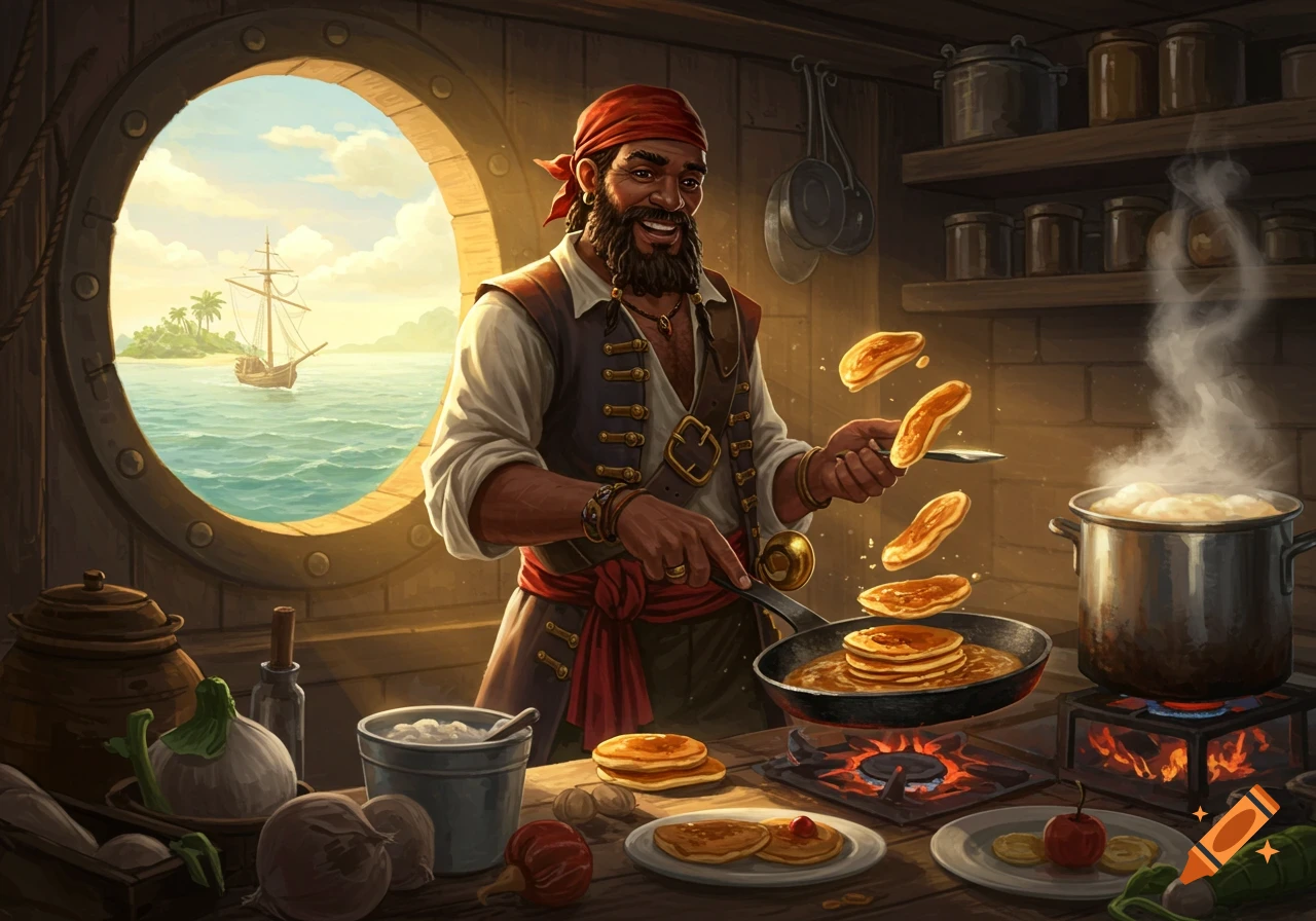 A smiling pirate cooks pancakes in a galley, with a view of a ship at ...