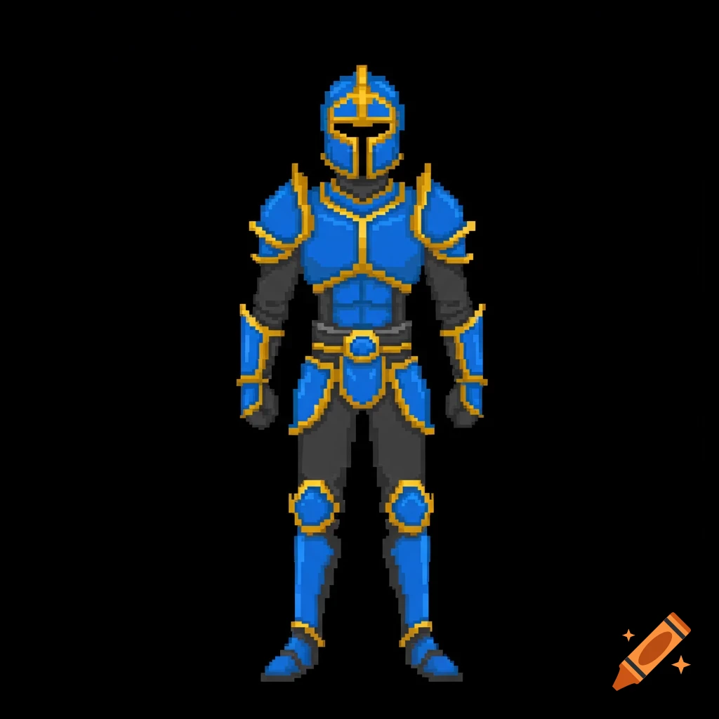 A full-body pixel art sprite of a character wearing blue and gold ...