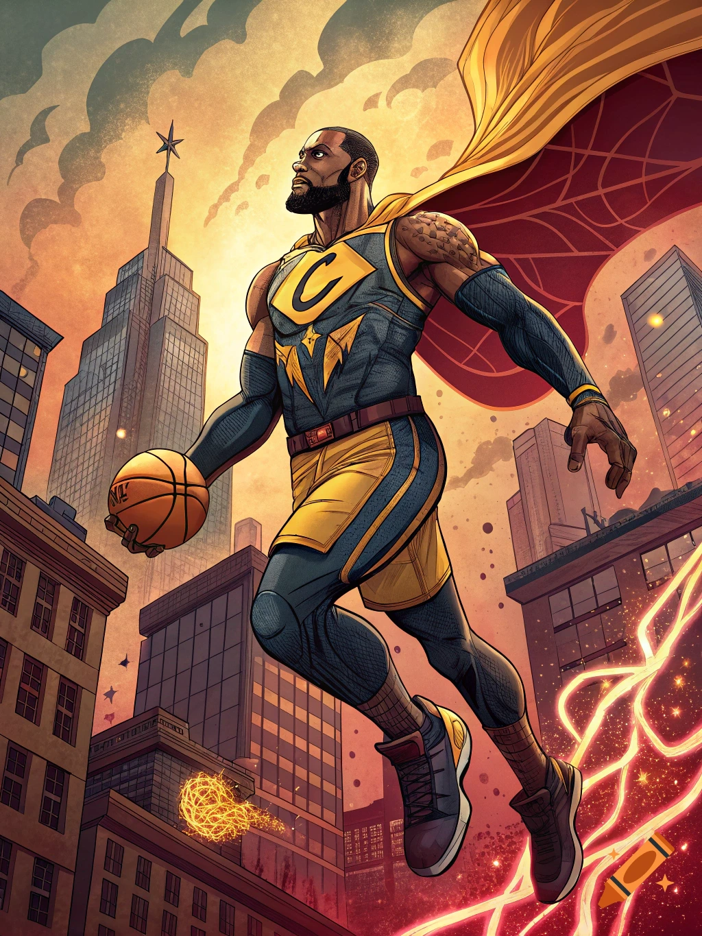 Comic style superhero holding a basketball, flying over a city. on Craiyon
