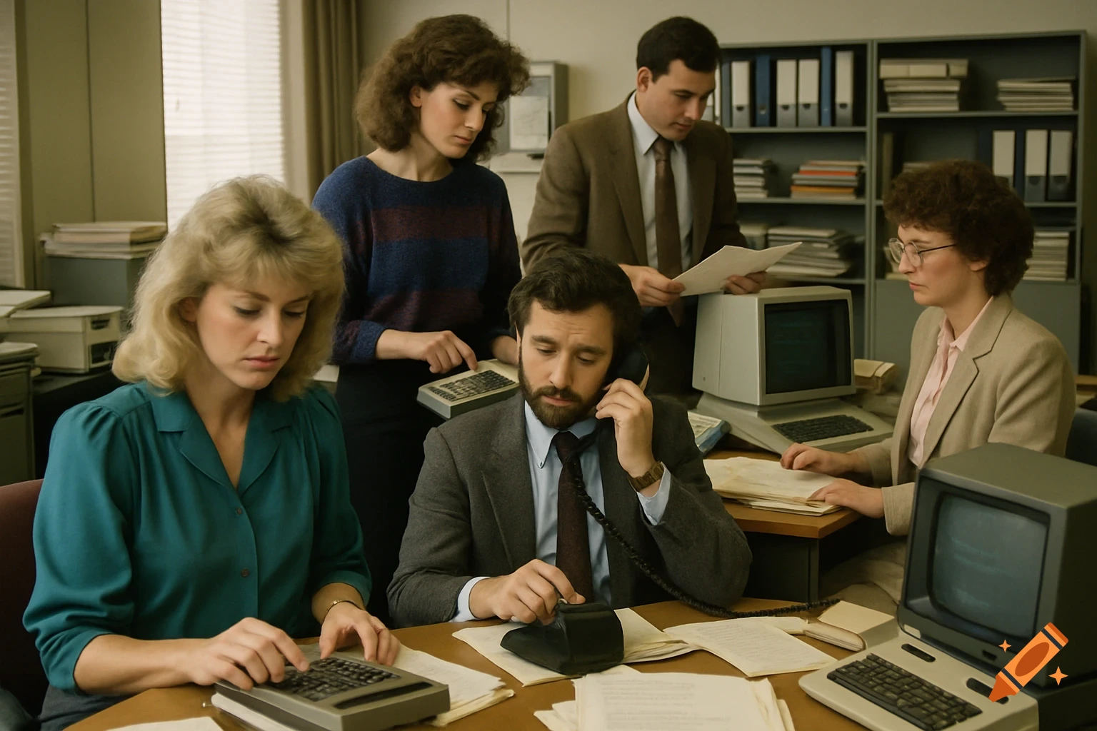A group of people in a 1980s office using vintage computers and ...